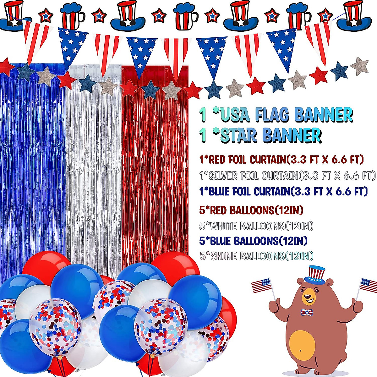 DawnHope 50PCS Patriotic Decorations, 4th of July Independence Day Red White Blue Hanging Paper Fans, Hanging Swirls, Flag Pennant, Foil Fringe, Balloons, Pom Poms Memorial Day Party Supplies Decor