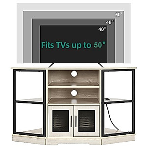 YITAHOME 50 Inches Corner TV Stand w/Power Outlet, Entertainment Center TV Media Console Table with 6 Open Storage Shelve for Living Room, Bedroom, Industrial Corner TV Stand, 47 inches White Oak