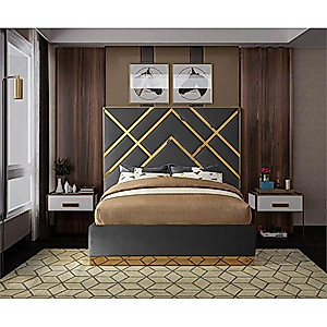 Meridian Furniture VectorGrey-K Vector Collection Modern | Contemporary Velvet Upholstered Bed, Custom Gold Metal Base and Polished Gold Metal Design, 97.5" W x 85.5" D x 68" H, Grey, King