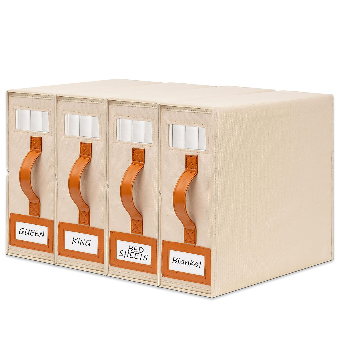 Wyliepop 4-Pack Bed Sheet Organizers, Premium Bedsheet Organizers and Storage with Leather Handles & Borders, Woven Oxford Fabric, Heavy Duty Zipper - 14.9"x12.6"x4.7" Linen Bedsheet Organizer Boxes