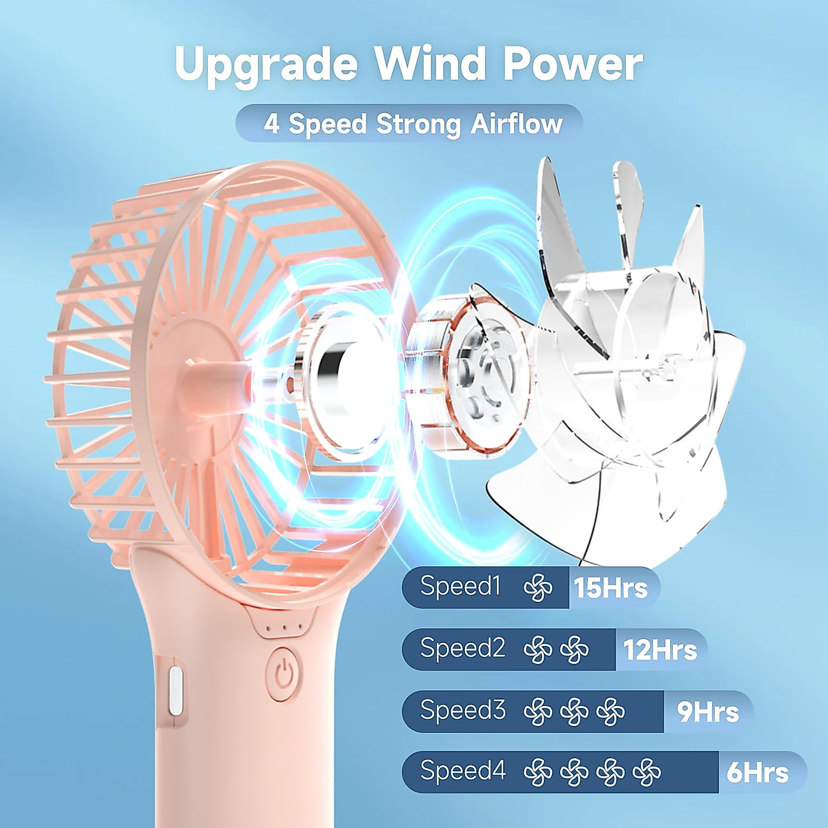 QQT Mini Handheld Fan,4 Speed Adjustable Portable Battery Operated Fans,USB Rechargeable Desk Fan with Mirror,Max 20 Hrs Hand Fan For Travel Office Outdoor Women Men (Pink)