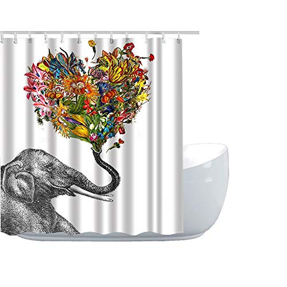 Amagical Colorful Elephant Flowers Decor 16 Piece Bathroom Mat Set Shower Curtain Set Bathroom Mat Contour Mat Toilet Cover Shower Curtain with 12 Hooks