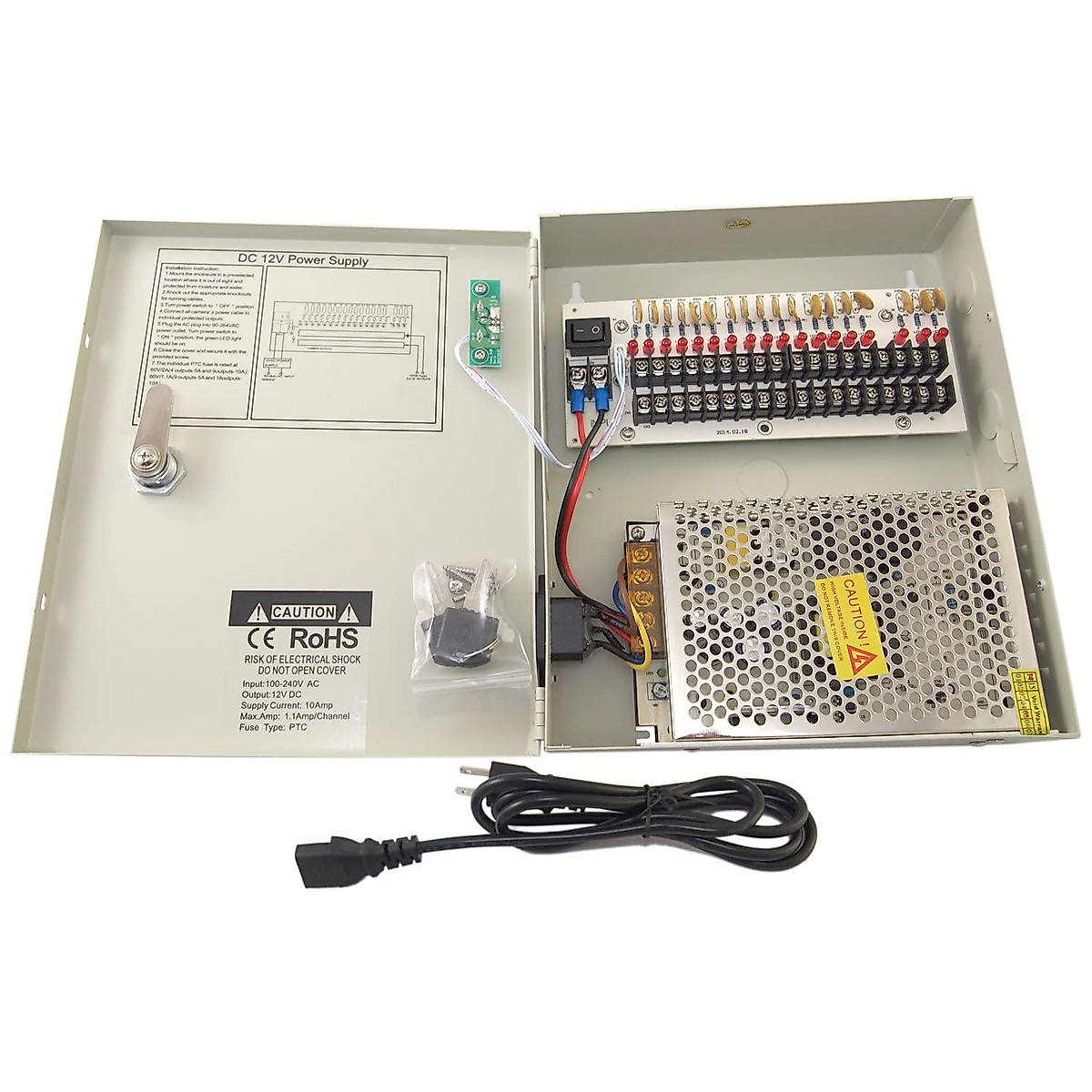 Evertech 16 Channel 12 Volt DC Output CCTV Distributed Power Supply Box for Security Camera with 18 Pcs. DC Male Pigtail