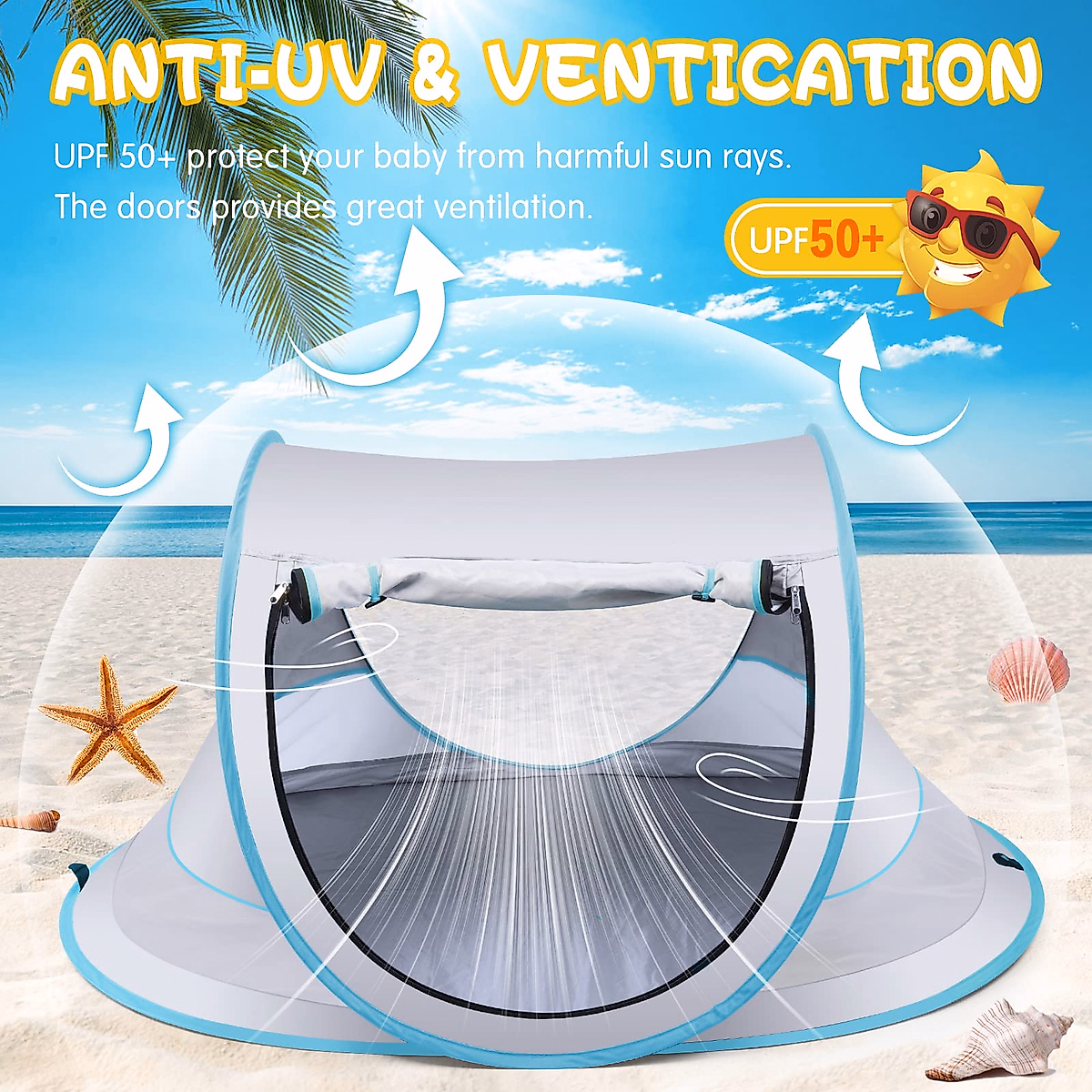 Baby Beach Tent,Large Pop Up Beach Tent Sun Shade for Beach,Portable Baby Travel Tent with Mosquito Net,Indoor Baby Play Tent,UPF 50+ UV Protection Sun Shelters1