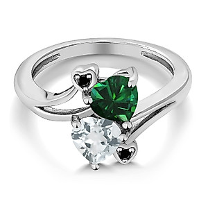 Gem Stone King 925 Sterling Silver Green Nano Emerald Sky Blue Aquamarine and Black Diamond Ring For Women (1.38 Cttw, Heart Shape 6MM, Gemstone May Birthstone, Available In Size 5, 6, 7, 8, 9)