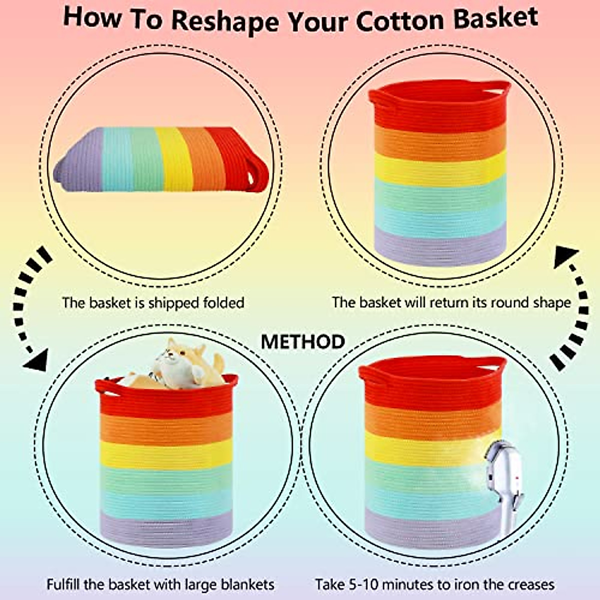 Autonomier 14" x 20" Rainbow Extra Large Tall Cotton Rope Woven Storage Baskets,Throw Blanket Storage Basket for Living Room,Home Decorative Storage Baskets,Cute Boho Nursery Hamper Laundry Basket