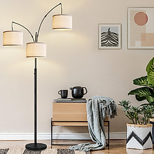 Dimmable Floor Lamp - 3 Lights Arc Floor Lamps for Living Room, 1000LM Modern Tall Standing Lamp with White Shades & Heavy Base, Mid Century Tree Floor Lamp for Bedroom Office, 3 LED Bulbs Included