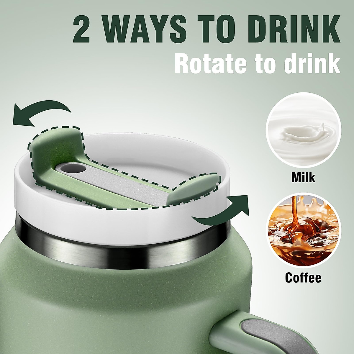 PlanetFlame 64oz Insulated Tumbler with Handle, Stainless Steel Double Wall Vacuumn Water Bottle, Lid and Straw for School, Gym, Hiking & Camping, Green