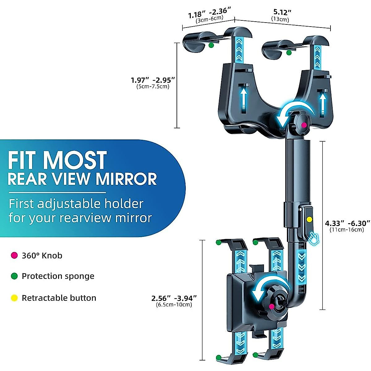 2022 Rotatable and Retractable Car Phone Holder - Rear View Mirror Phone Holder, Car Phone Holder Mount 360-degree Rotation Adjustment, Easy to Install and Remove for All Mobile Phones and All Car