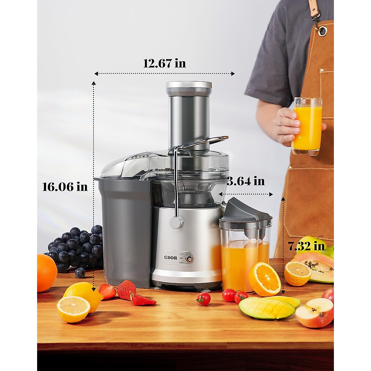 GDOR Powerful 1200W Juicer with Larger 3.2" Feed Chute, Titanium Enhanced Cutting System, Centrifugal Juice Extractor Maker with Heavy Duty Full Copper Motor, Dual Speeds, BPA-Free, Silver