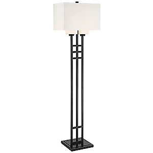 Franklin Iron Works Winslow Modern Industrial Floor Lamp 64" Tall Matte Black Metal 3-Light Rectangular Linen White Frosted Glass Shades for Living Room Reading Bedroom Office Family House Home