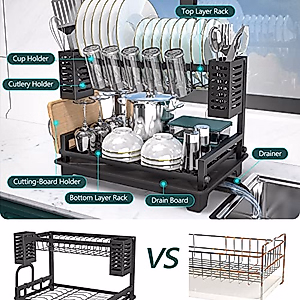B-Land Dish Drying Rack, 2 Tier Dish Racks for Kitchen Counter, Large Dish Drying Rack with Drainboard & Utensil Holders, Rust-Proof Dish Drainers,Kitchen Organization