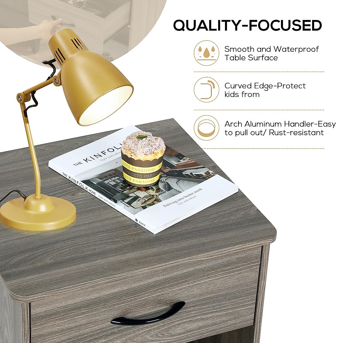 VOWNER 2 PCS Grey Nightstand with Drawer and Storage Shelf, Bedside Table End Tables, File Cabinet Storage with Sliding Drawers and Shelf for Bedroom