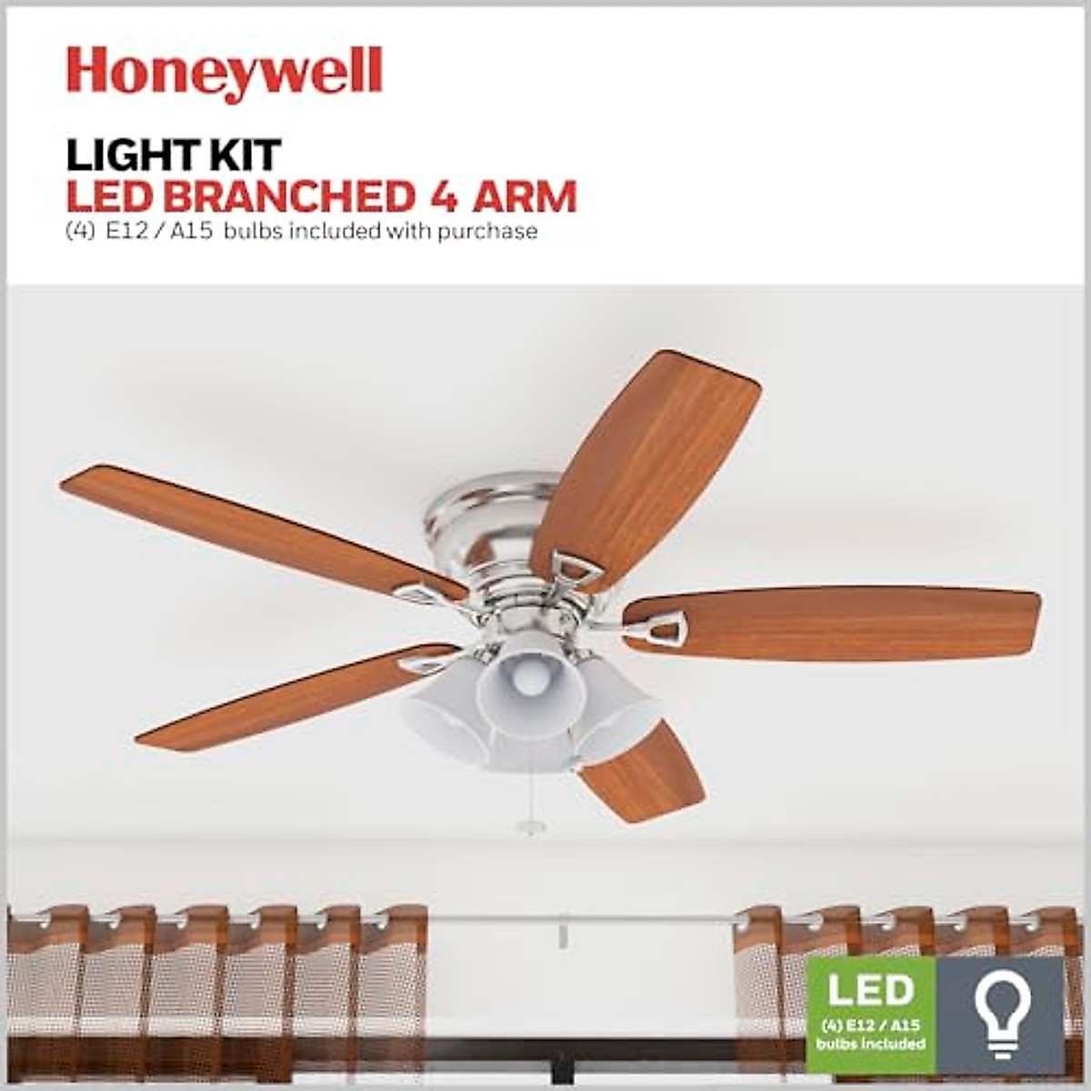 Honeywell Ceiling Fans Glen Alden, 52 Inch Classic Flush Mount Indoor LED Ceiling Fan with Light, Pull Chain, Quick-2-Hang Dual Finish Blades, Reversible Motor - 50182 (Brushed Nickel)