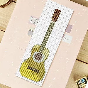 DIY Blank Canvas Music Guitar Bookmarks Counted Cross Stitch Kits for Adult Kid Beginner Embroidery Crafts Needlework Bookmark for Student Gift 20x6cm