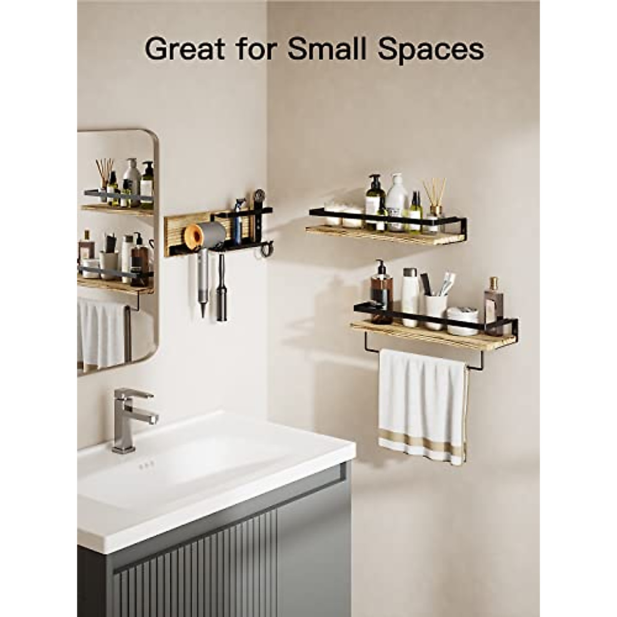 AMADA HOMEFURNISHING Floating Shelves,Rustic Bathroom Shelves with Sturdy Hooks and Towel Bar, Paulownia Wood Wall Shelves for Bathroom, Bedroom, Living Room, Kitchen, Entryway, Set of 3, AMFS01-1