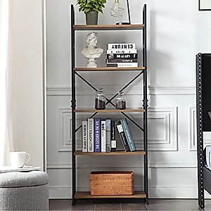 WISCLASS 5 Tier Bookshelf Rustic Wood & Metal Frame Bookcase Shelf Industrial Storage Organizer Modern Display Shelf Rack Open Back Standing Shelving Unit for Bedroom Living Room Home Office