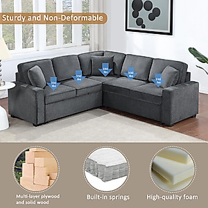 Favfurish Convertible Sectional Sleeper Sofa,L Shaped Oversized Modular Couch Upholstered Free Combined Corner Couches with 3 Pillows and 5 Seat,Pullout Bed,Chenille,Dark Gray