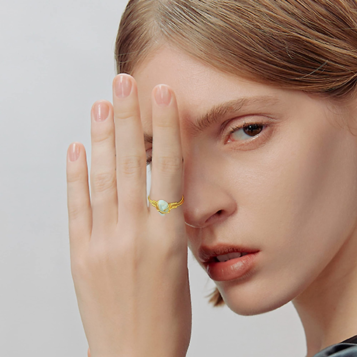 RnBLM JEWELRY 6 PCS Healing Crystal Ring for Women Irregular Crystal Gold Wire Wrapped Ring Gemstone Carnelian Rose Quartz Amethyst Evil Eye Tiger Eyes Adjustable Crystal Ring Set