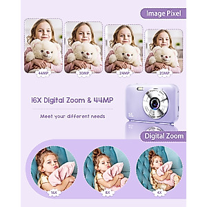 Digital Camera, FHD 1080P Kids Camera with 32GB SD Card 44MP Point and Shoot Camera with 16X Digital Zoom, Compact Portable Small Digital Camera for Teens Students Kids Girls Boys Beginner-Purple