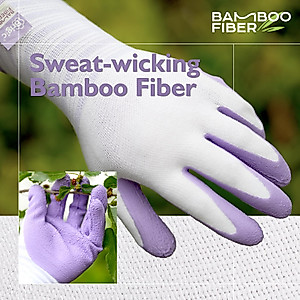 Brigic Bamboo Gardening Gloves 2 pair, Breathable Rubber Coated, Outdoor Work Garden Gloves For Women, Green & Purple (Medium)