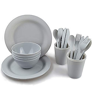 Plastic Plates College Dorm Room Essentials Dishes Set Camping Plates and Bowls Dishes Set Dinnerware Accessories Mess Kit-Microwaveoven Safe BPA-Free with Mesh Bag-24PCS