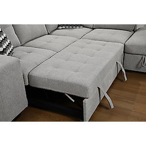Familymill 100'' Modern Upholstered Fabric L-Shaped Convertible Corner Sectional Sofa Bed, Pull-Out Sleeper Sofa Bed with Storage Ottoman, USB Ports, and 2 Stools (Light Gray, L Shaped)