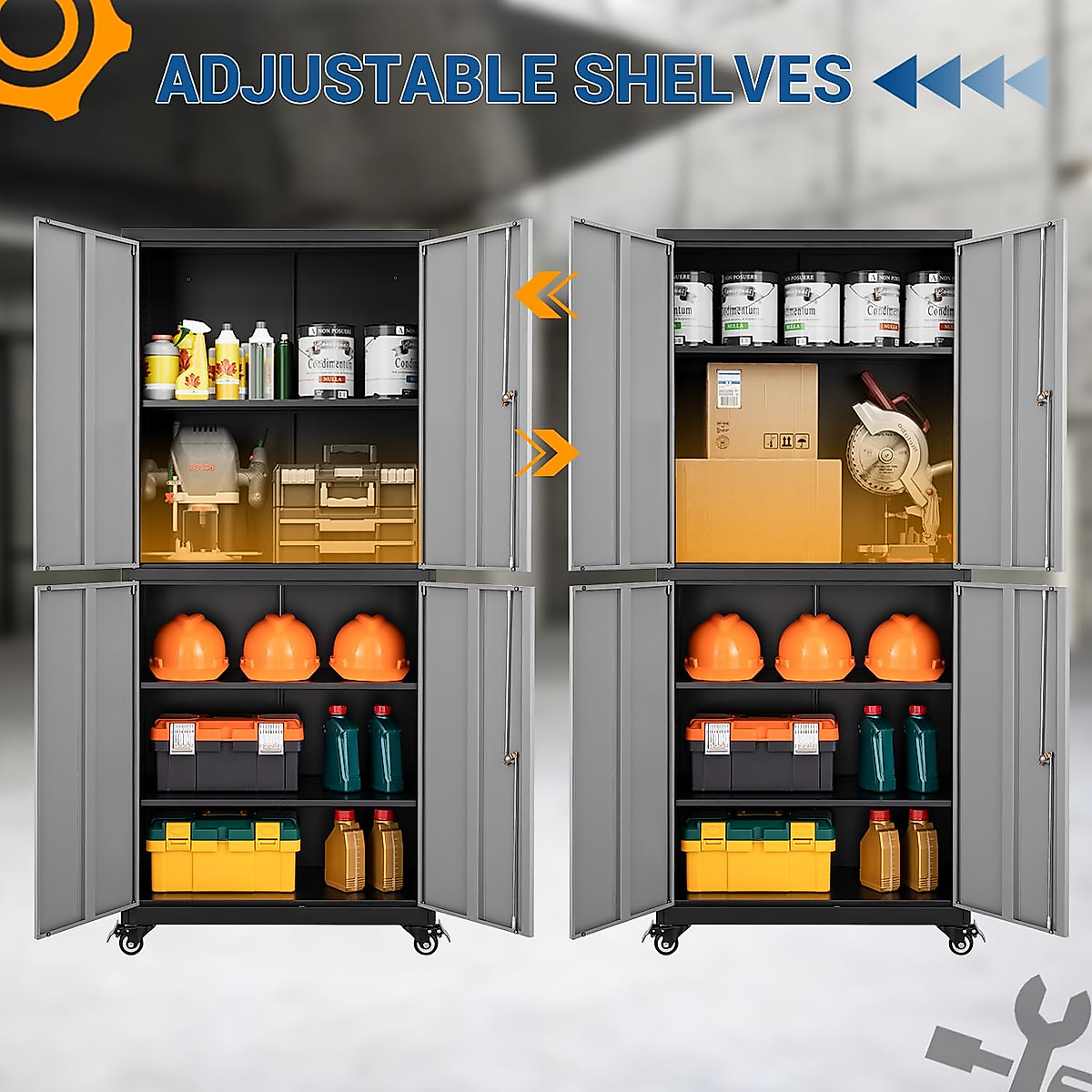 Fesbos Metal Storage Cabinet-Heavy Duty Tool Cabinet Multifunctional Garage Storage Cabinet with Adjustable Shelves&Lockable Doors, Pegboard and Accessories-Black&Gray