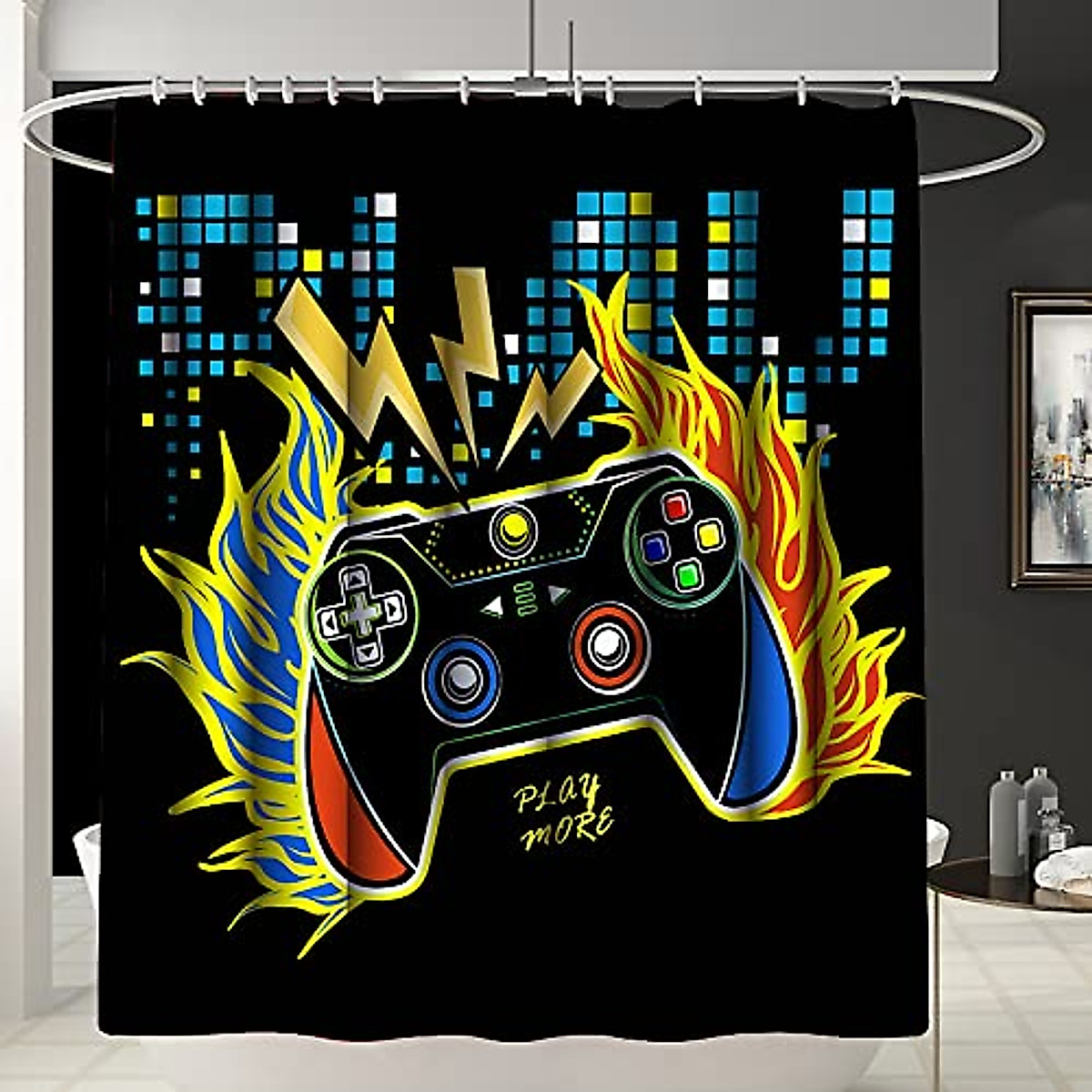 BATATADOCE Gaming Shower Curtains Bathroom Sets with Shower Curtain and Rugs Gamer Controller Curtains Kids Bathroom Decor Boys Bathroom Decor Sets Shower Curtain Sets 70x70 Inch