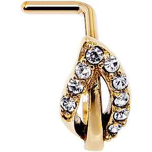 Body Candy Gold PVD Steel Clear Accent Leaf Faux Hoop L Shaped Nose Stud Ring 18 Gauge 5/16"