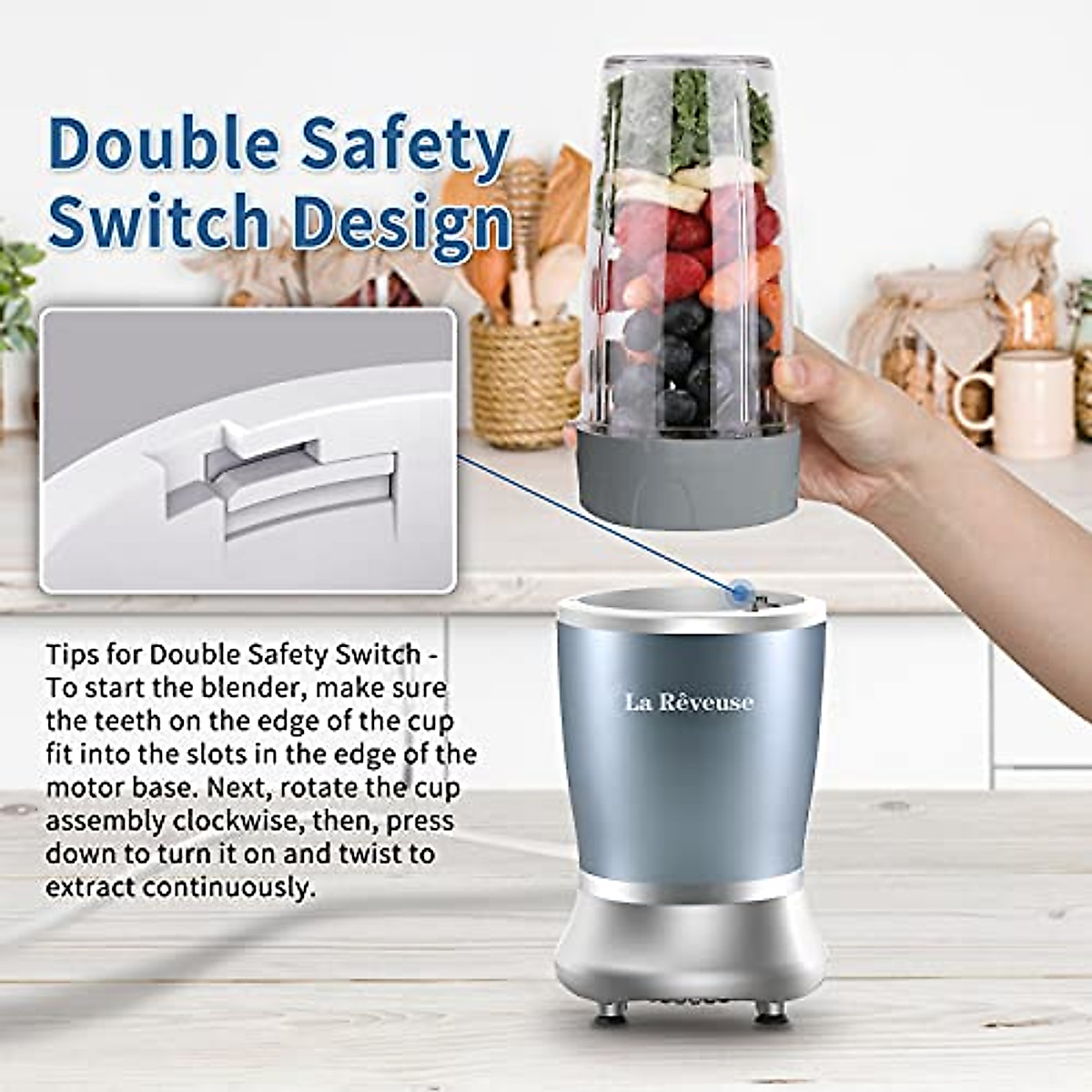 La Reveuse Personal Size Blender 250 Watts Power for Shakes Smoothies Seasonings Sauces with 1 Piece 15 oz Cup,1 Piece 10 oz Mug,BPA Free (Pearl Blue)