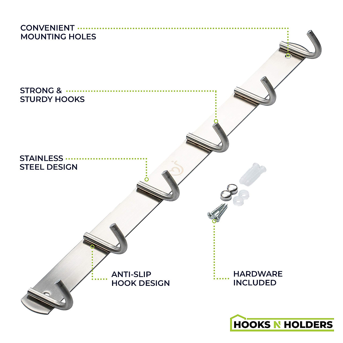 Wall Mounted Coat Rack 12 Brush Nickel Hooks for Holding Coats, Hats, Towels, and More; Easy to Install with Included mounting Hardware; Made of Heavy-Duty Stainless Steel; Hooks N Holders Warranty