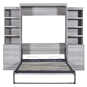DEYOBED Multifunctional Full Size Murphy Bed with Storage Shelves and Drawers, Solid Wood Platform Wall Bed Cabinet for Guest Room Home Office, Ideal for Small Spaces, Gray