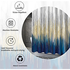 Ouyisha Blue and Gray Ombre Shower Curtain Navy Gold Modern Abstract Shower Curtains for Bathroom Contemporary Oil Painting Striped Fabric Shower Curtain Set Waterproof with Hooks, 72" X 72"