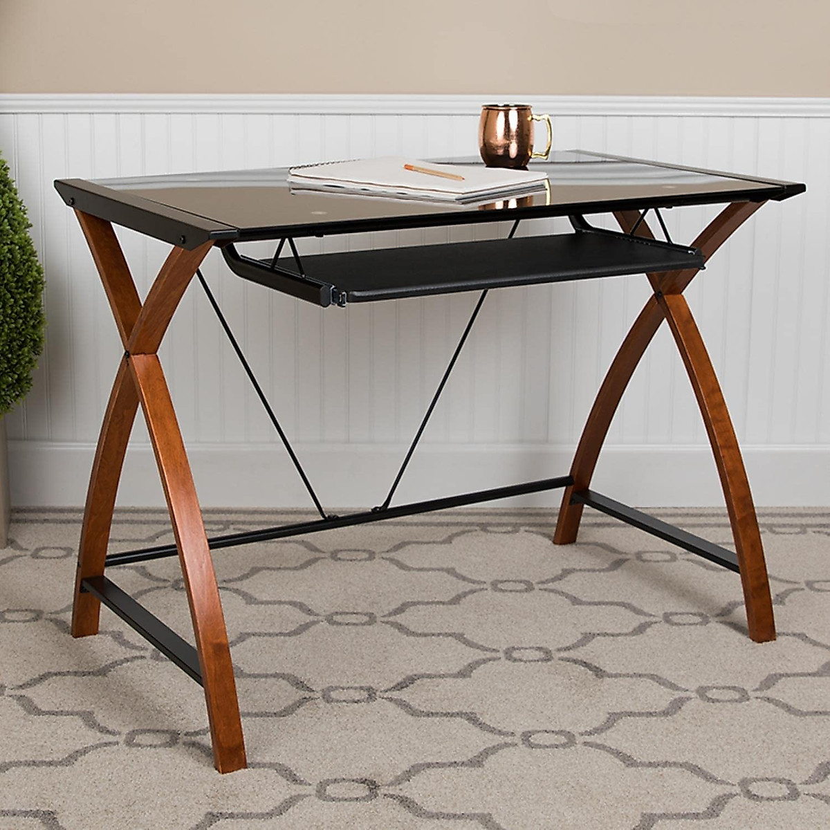 Flash Furniture Jude Black Glass Computer Desk with Pull-Out Keyboard Tray and Crisscross Frame