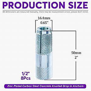 Swpeet 8Pcs 1/2 Inch Premium Zinc Plated Carbon Steel Concrete Knurled Drop in Anchors Assortment Kit, Expansion Screws Internal Forced Expansion Bolts for Solid Concrete