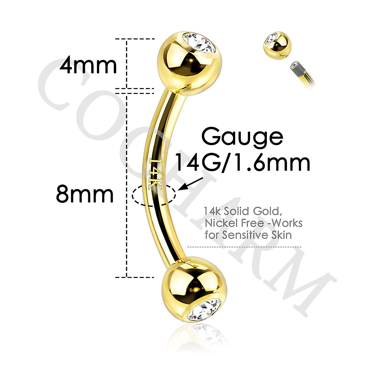 COCHARM 14K Gold Short Belly Button Rings 14G 8mm Real Gold Cute Upper Belly Piercing Rings Solid Gold 14K Navel Rings Navel Piercing Jewelry