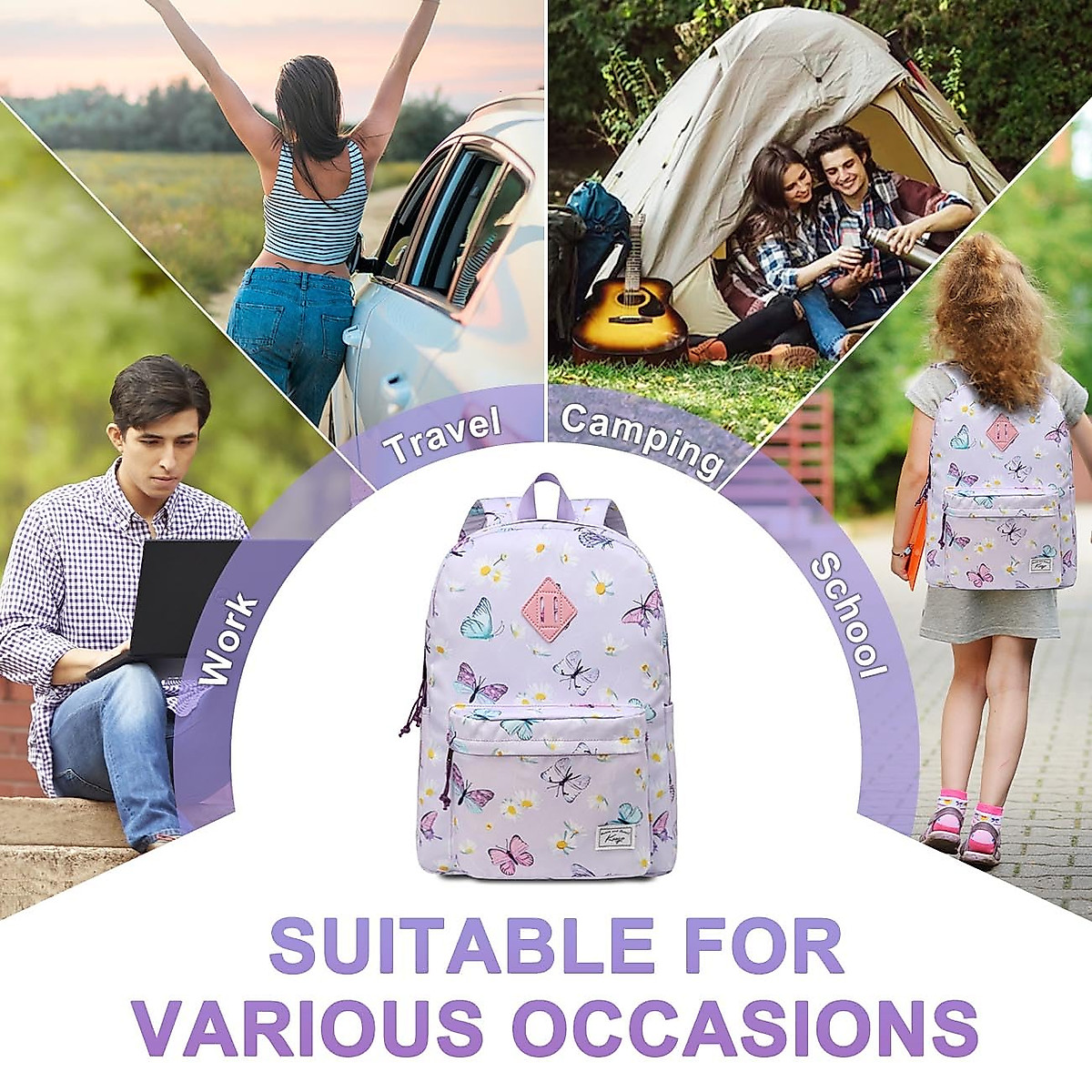 Lightweight School Backpack, Kasqo Large Capacity Water-Resistant Casual College Bookbag for Men Women Teen Girls Boys, Purple Butterfly
