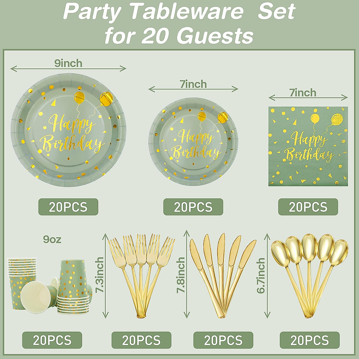 192 Pcs Sage Green Birthday Party Decorations - Sage Green Birthday Plates and Napkins Party Supplies Serve 20 - Sage Birthday Decorations with Birthday Banner Balloon Fringe Curtain for Women Girls