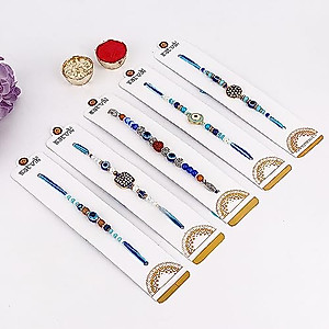 SATVIK 5 Pc Evil Eye Rakhi for Brother Bhaiya Bhabhi Traditional Handmade Assorted Designer Rakhi Set Roli Chawal, Greeting Card & Soun Stickers Rakhi Thread Rakhdi Bracelets Rakshabandhan