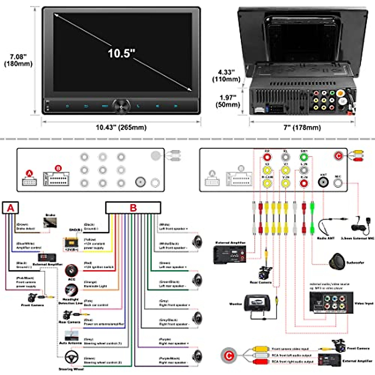 Trumsey Adjustable and Detachable 10.5" HD IPS Large Screen Single Din Car Stereo, CarPlay, Android Auto, Bluetooth Audio, Steering Wheel, Subw, Mirror Link, FM/AM Car Radio, Rear Camera, USB/SD/AUX