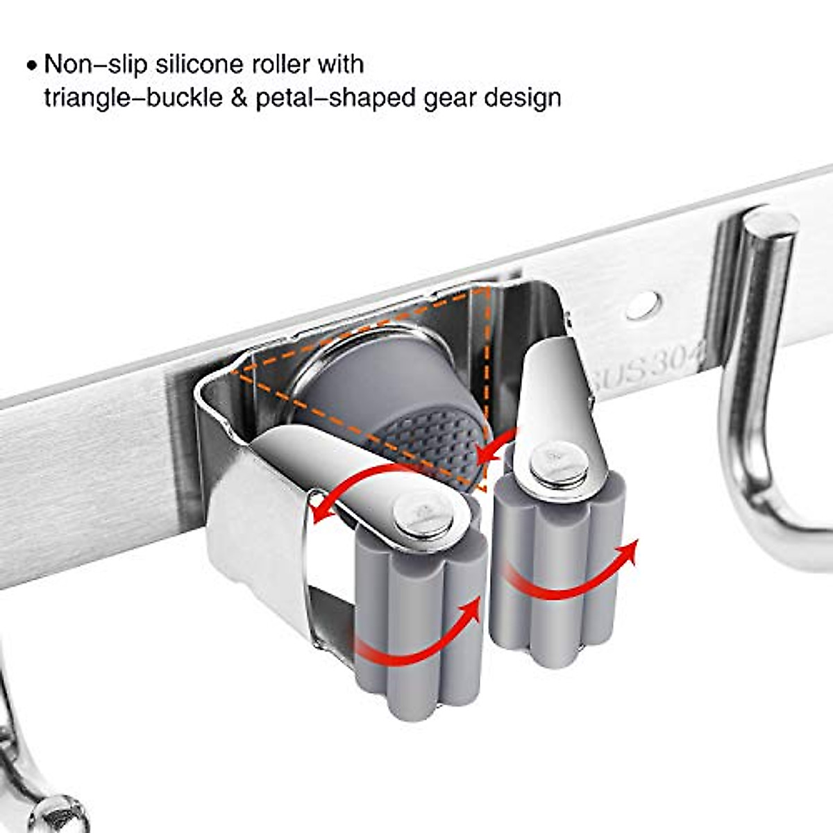 POPRUN Broom Mop Holder Wall Mount Stainless Steel Garden Tool Hanger Garage Organizer Home Kitchen Laundry Storage, 3 Racks 4 Hooks, Grey