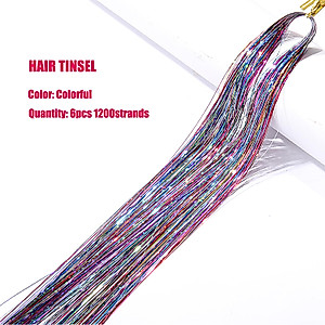 Hair Tinsel Kit with Tool 6pcs 1200 Strands Colorful Tinsel Hair Extensions Heat Resistant Sparkling Shiny Glitter Fairy Hair Accessories for Women Girls Kids 47Inch