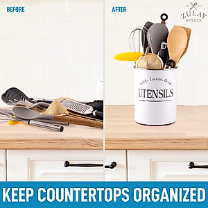 Zulay Large Utensil Crock Storage Organizer - Kitchen Utensil Holder For Countertop With Padded Base - Large Utensil Holder With Rustic Farmhouse Design For Home & Kitchen Decor (White)