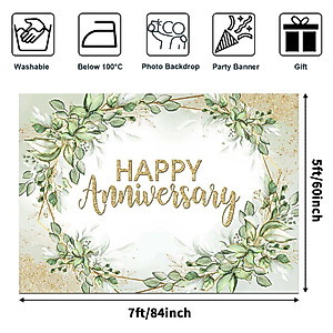 Avezano Happy Anniversary Backdrop Sage Green Leaves Happy Anniversary Banner Cheers to Marriage Wedding Anniversary Party Decorations Memorial Portrait Photo Booth Background (7x5ft)