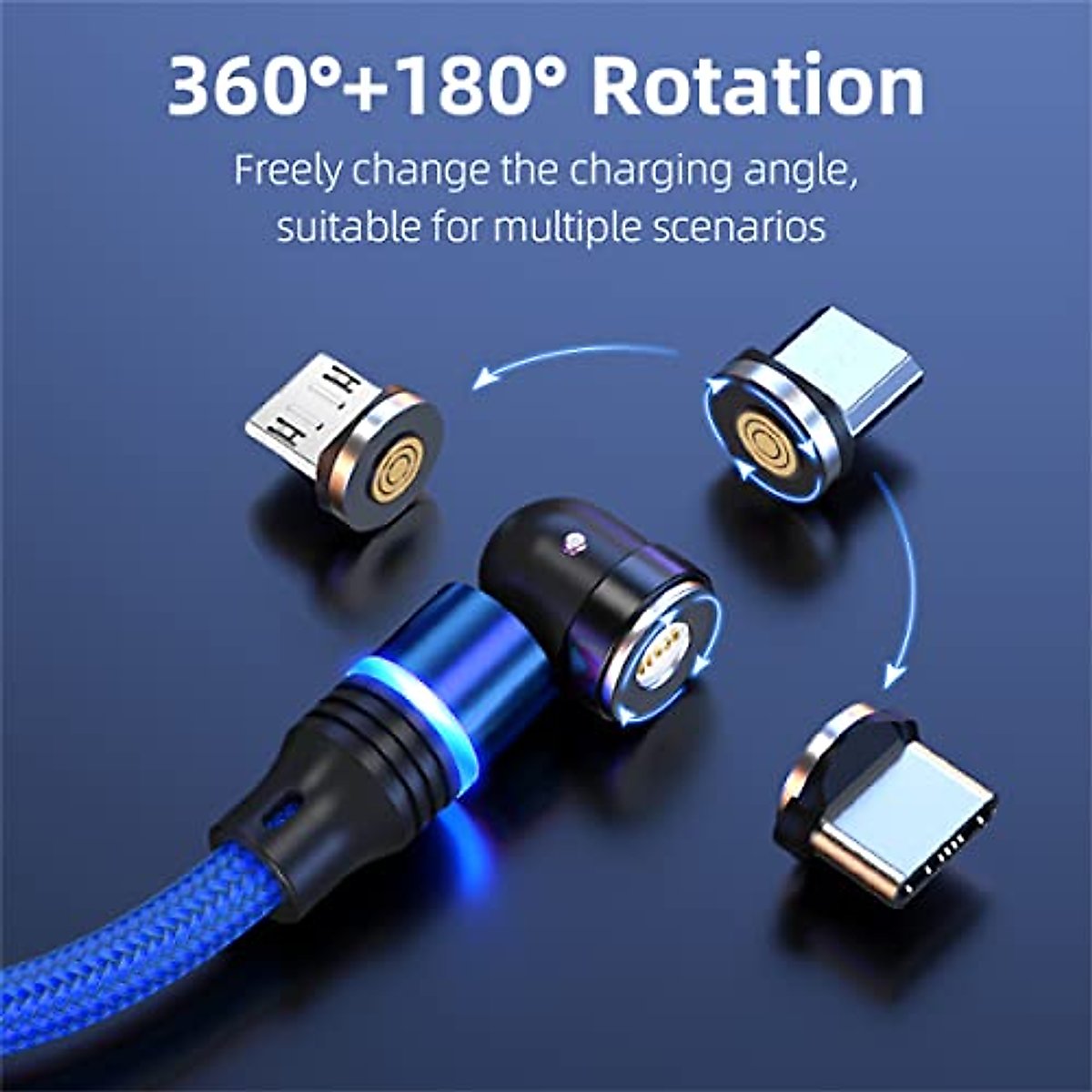 Losuesme Magnetic Charging Cable (1.6ft+3.3ft+3.3ft+6.6ft,4 Pack) 540° Rotation 3A Fast Charging Data Sync 3 in 1 Magnetic Phone Charger Cable Compatible with Android Micro USB Type C Phone Devices