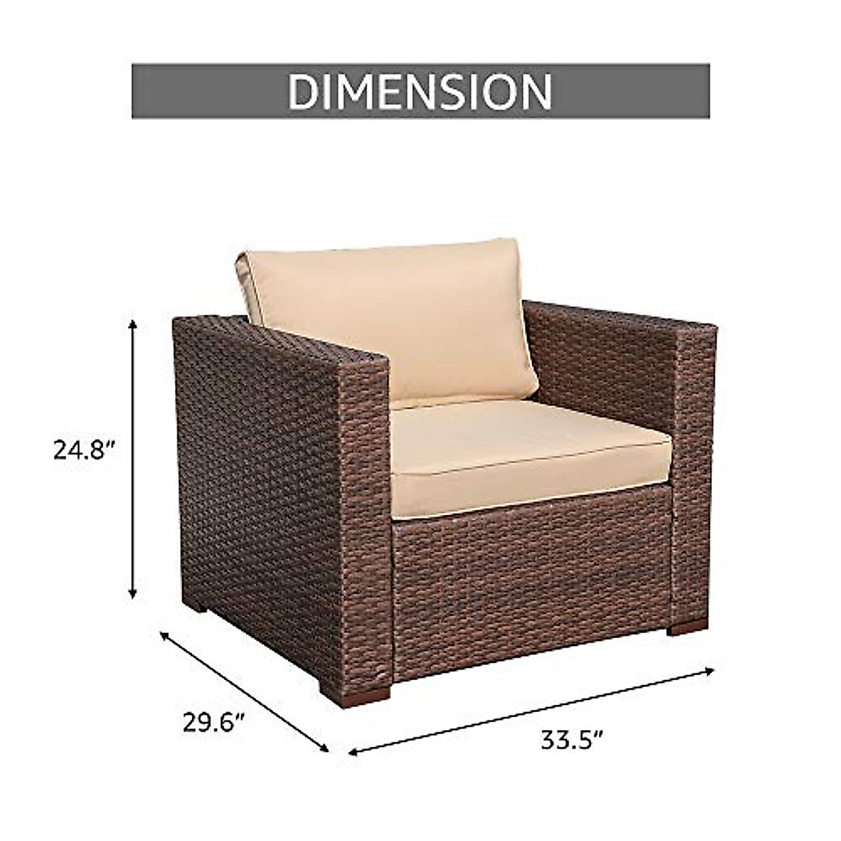 Super Patio Outdoor Chair, PE Wicker Rattan Patio Chair, All Weather Outdoor Furniture Armchair Sofa with Thick Beige Cushions, Steel Frame, Brown