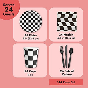 Juvale 144 Piece Race Car Birthday Party Supplies with Checkered Flag Plates, Napkins, Cups, and Cutlery (Serves 24)