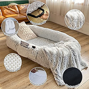 YAEM Human Dog Bed, 71"x45"x12" Dog Beds for Humans Size Fits You and Pets, Washable Faux Fur Human Dog Bed for People Doze Off, Napping Orthopedic Dog Bed, Present Plump Pillow, Blanket, Strap-Grey