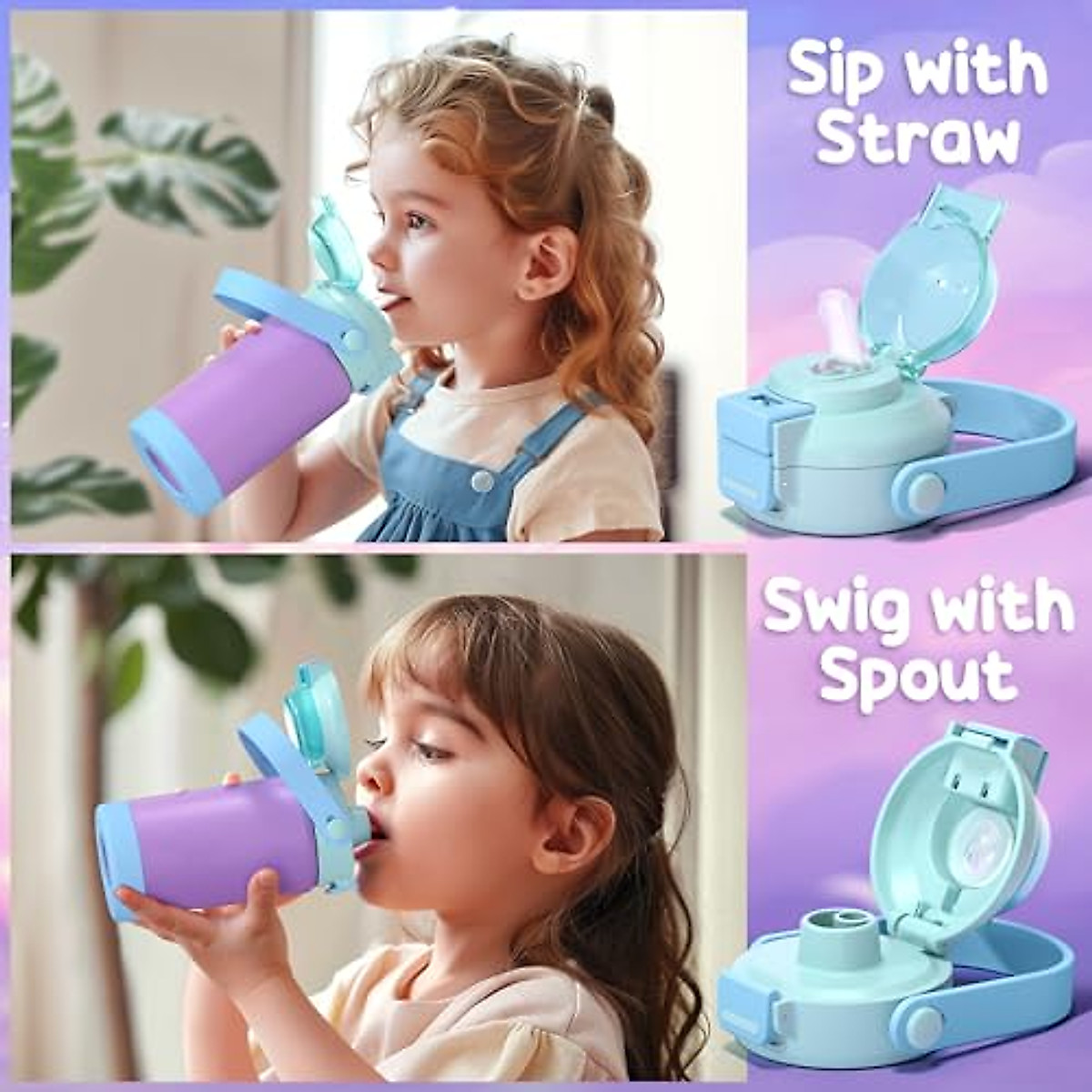 Kids Water Bottle with Straw & Chug(2-in-1 Lid), 14oz Kids Insulated 18/8 Stainless Steel Water Bottle for School Girls Boys Toddler Water Bottle Leak Proof & Spill Proof Kids Cups (1, B2.Purple)